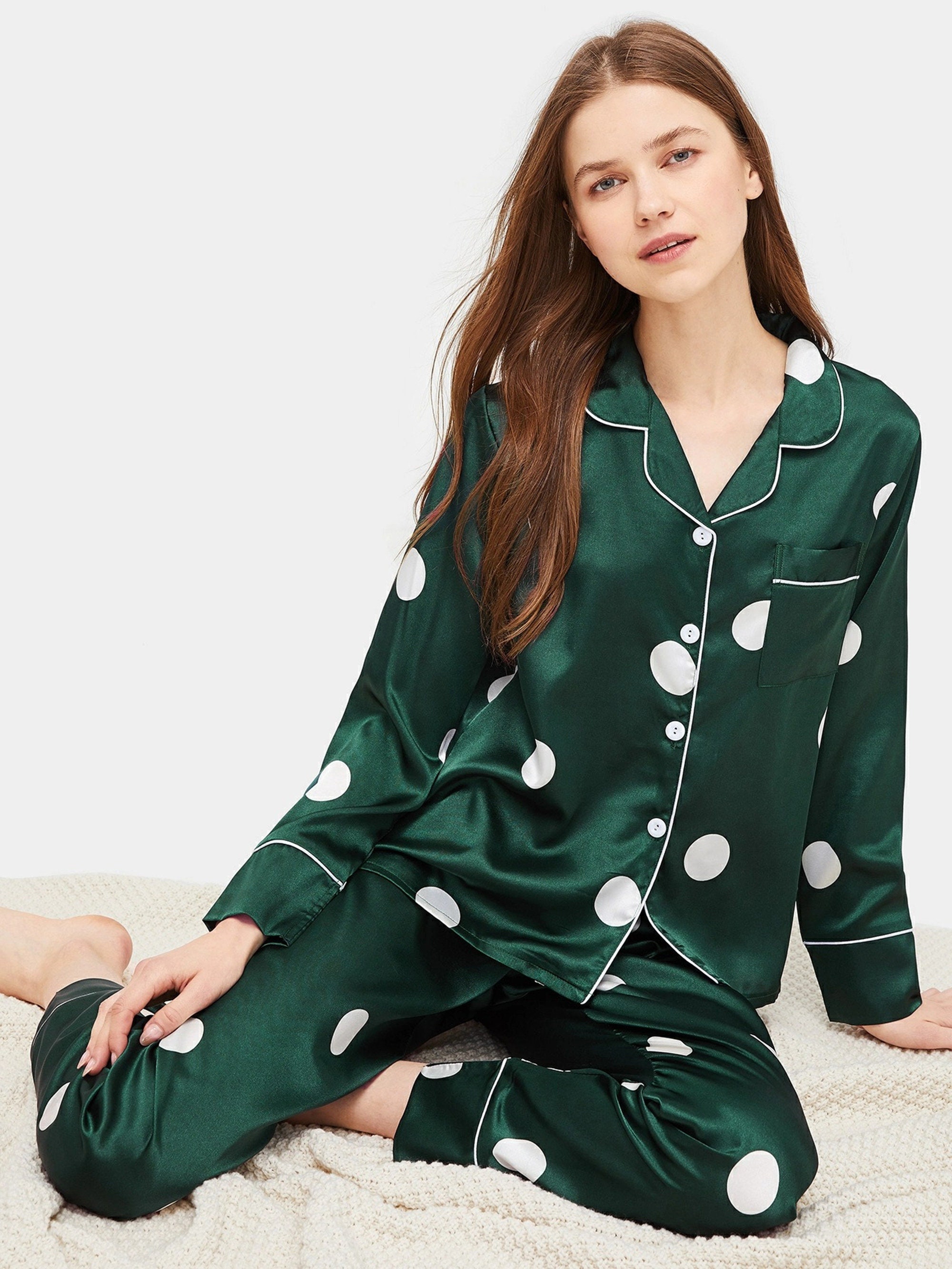 Green Polka Dot Pajamas Two Piece Set Personalized Womens Git Etsy