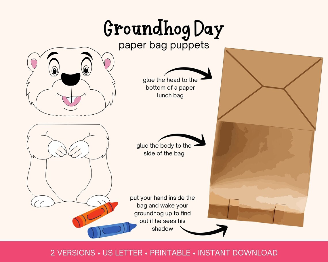 Groundhog Day Paper Bag Puppet, Printable Activity for Kindergarten ...