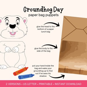 Groundhog Day Paper Bag Puppet, Printable Activity for Kindergarten ...