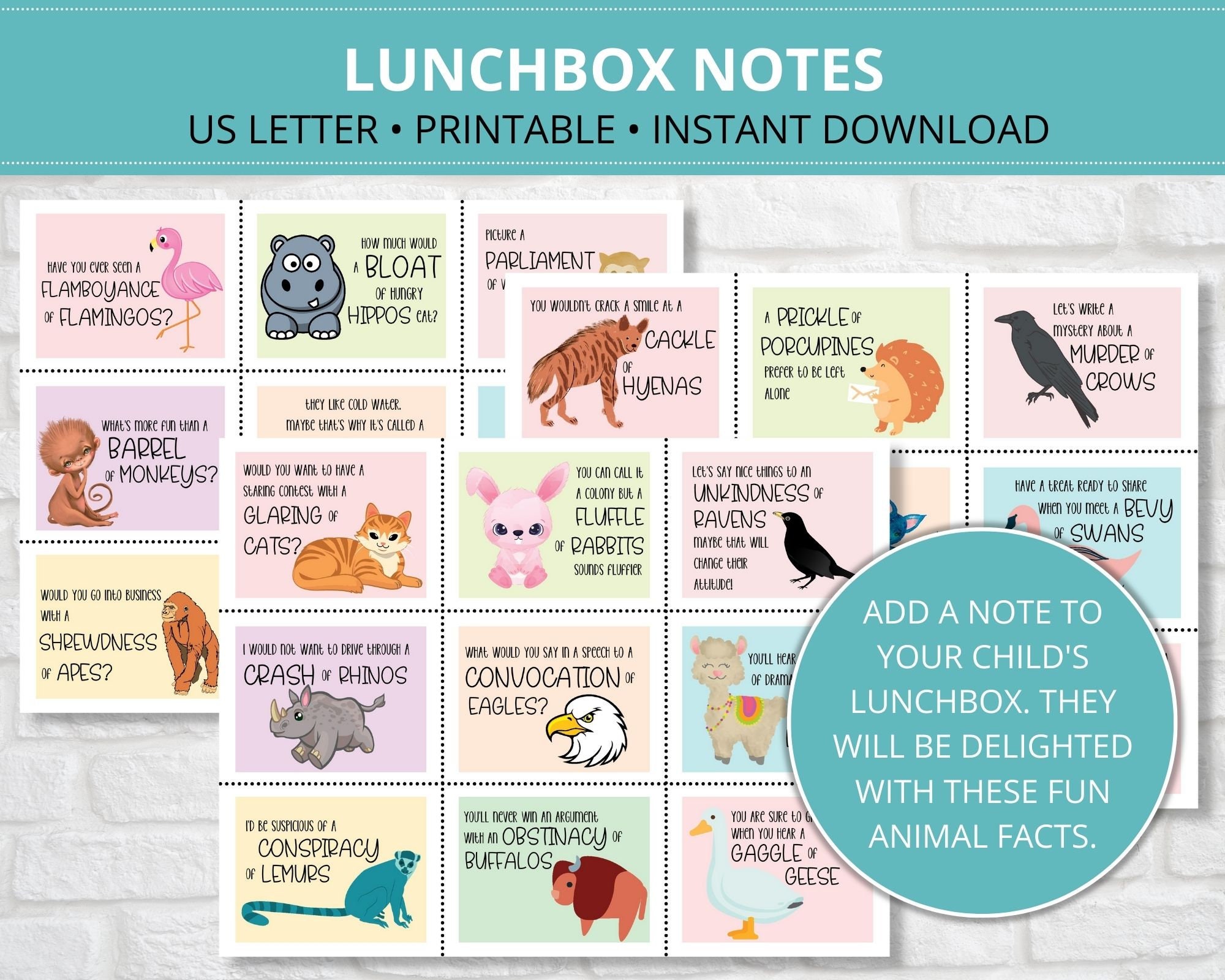 Lunchbox Notes for Kids Printable, Groups of Animals Lunchbox Notes - Etsy