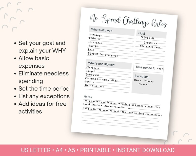 No Spend Challenge Tracker, Monthly Rules Worksheet (digital Download ...