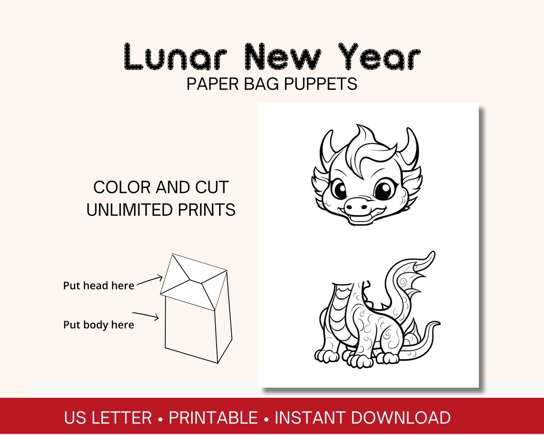 Lunar New Year, Printable Craft for Kids, Dragon Paper Bag Puppet ...