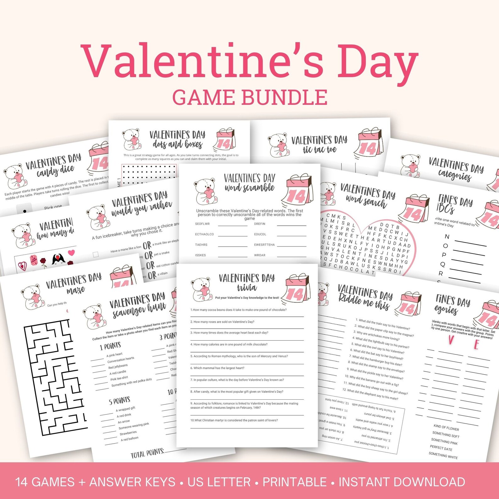 Valentine's Day Printable Games for Kids and Adults, Classroom ...