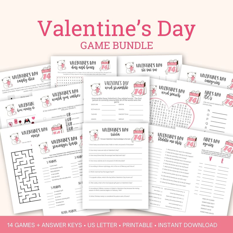 Valentine's Day Printable Games for Kids and Adults, Classroom ...