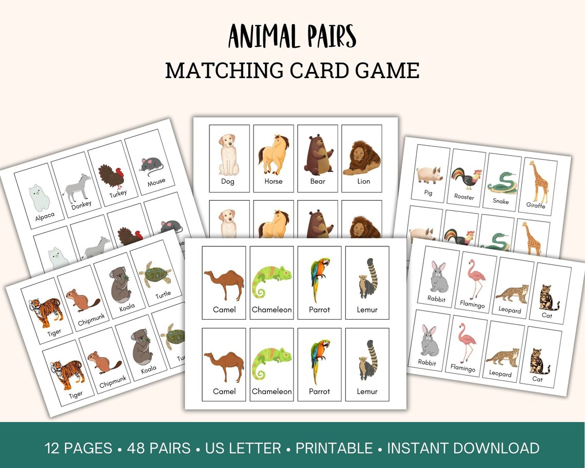 Animal Pairs Printable Matching Game, Preschool Activity, Toddler Games ...