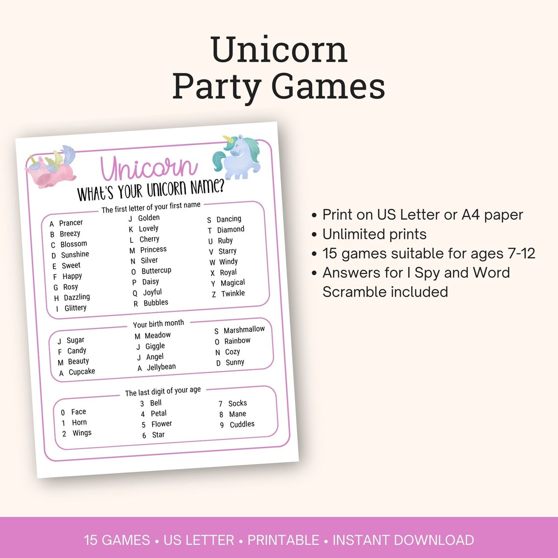 Unicorn Party Games Printable Bundle, Unicorn Activities, Unicorn ...