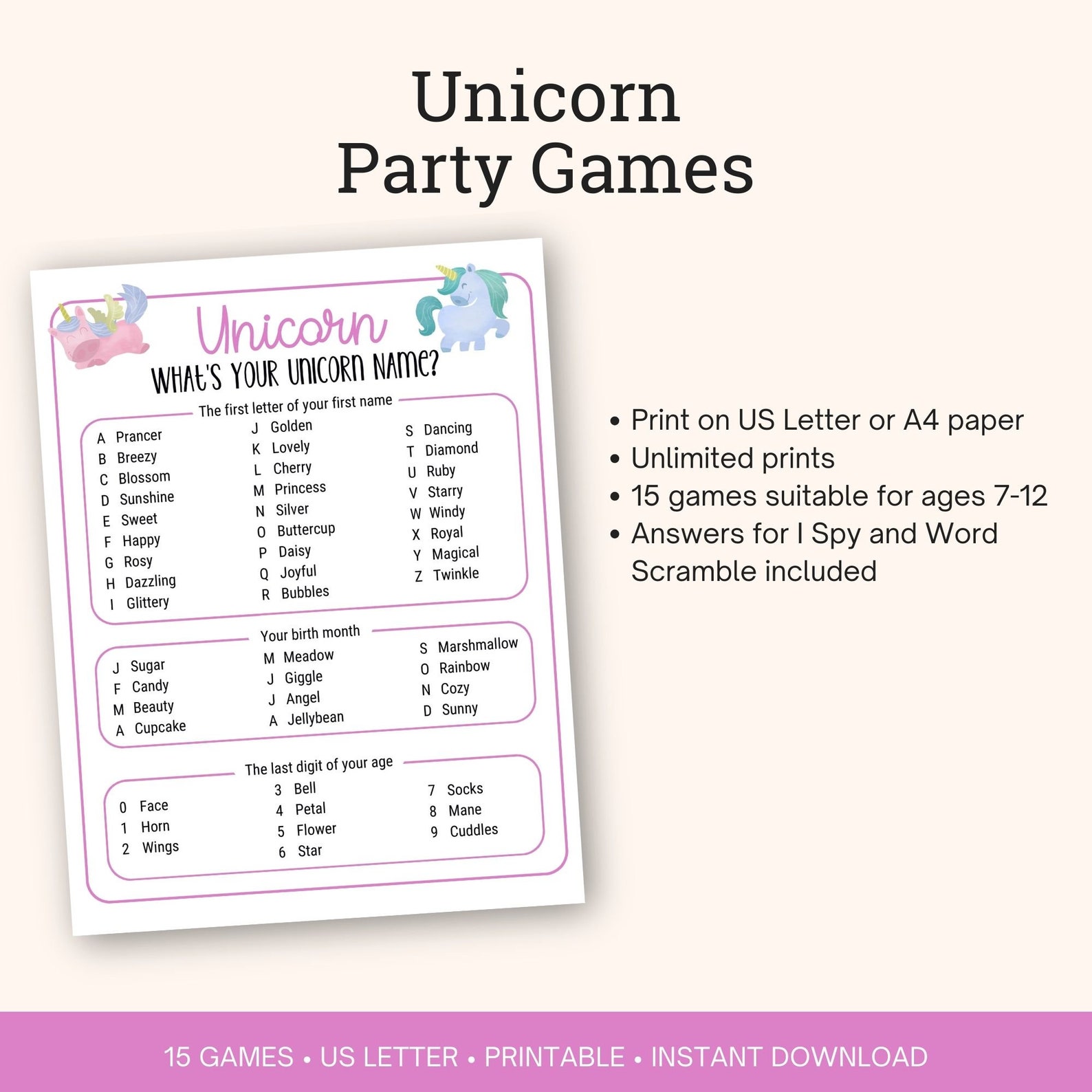 Unicorn Party Games Printable Bundle, Unicorn Activities, Unicorn ...