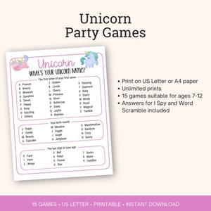 Unicorn Party Games Printable Bundle, Unicorn Activities, Unicorn ...
