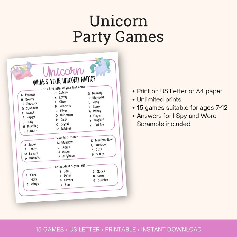 Unicorn Party Games Printable Bundle, Unicorn Activities, Unicorn ...