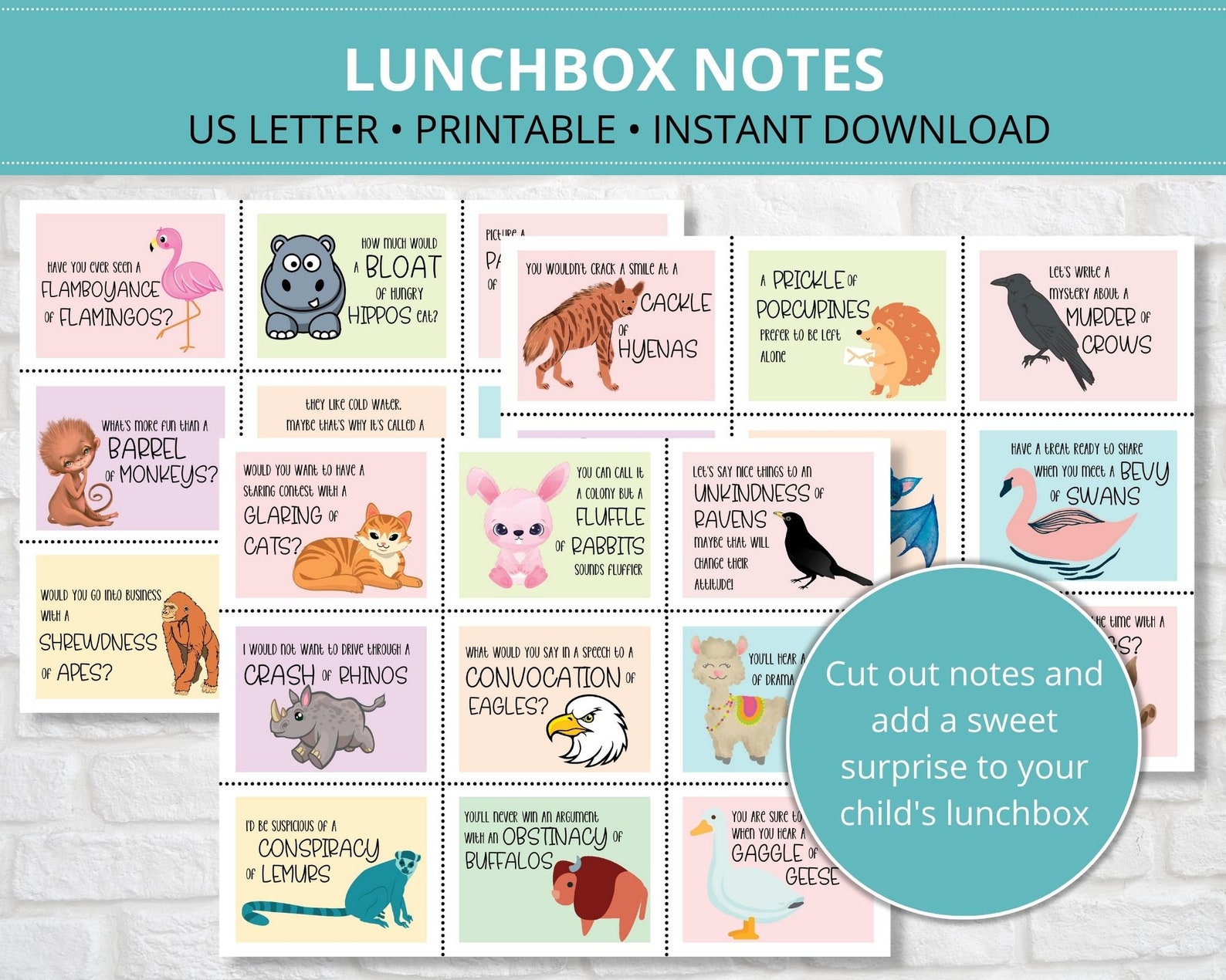 Lunchbox Notes for Kids Printable, Groups of Animals Lunchbox Notes - Etsy