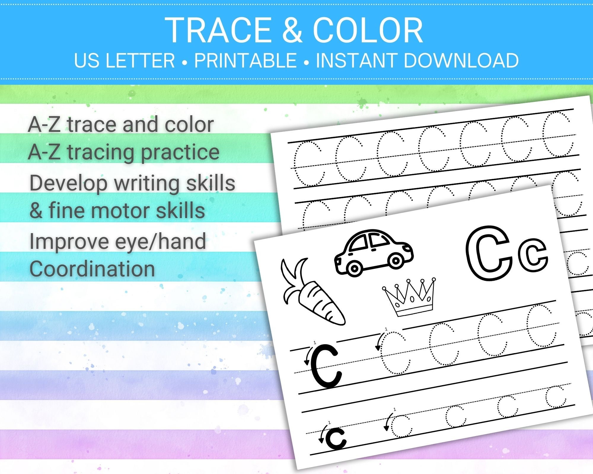 Trace and Color Printable Alphabet Workbook, Hand Lettering Practice ...