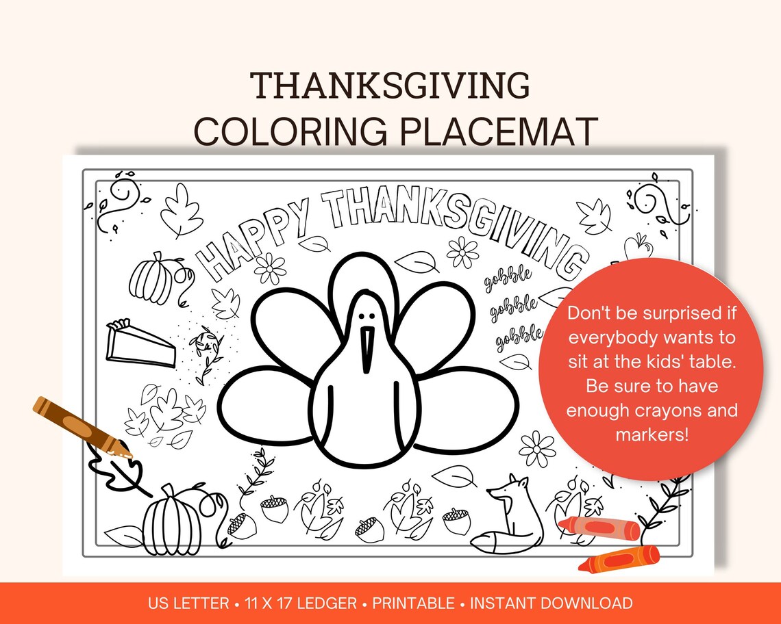 Thanksgiving Day Coloring Page, Printable Kids' Activity, Kid's Table ...