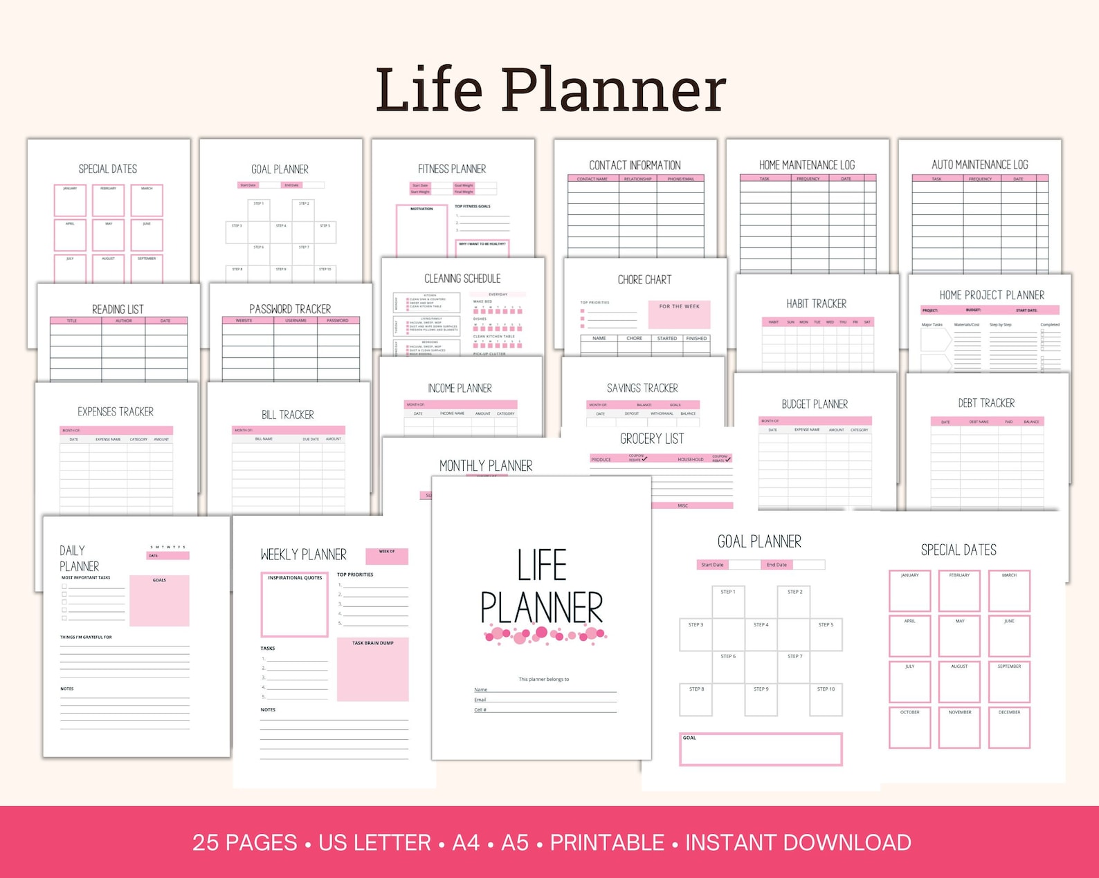 Life Planner Printable Pink Minimalist, Life Binder, All-in-one Planner ...