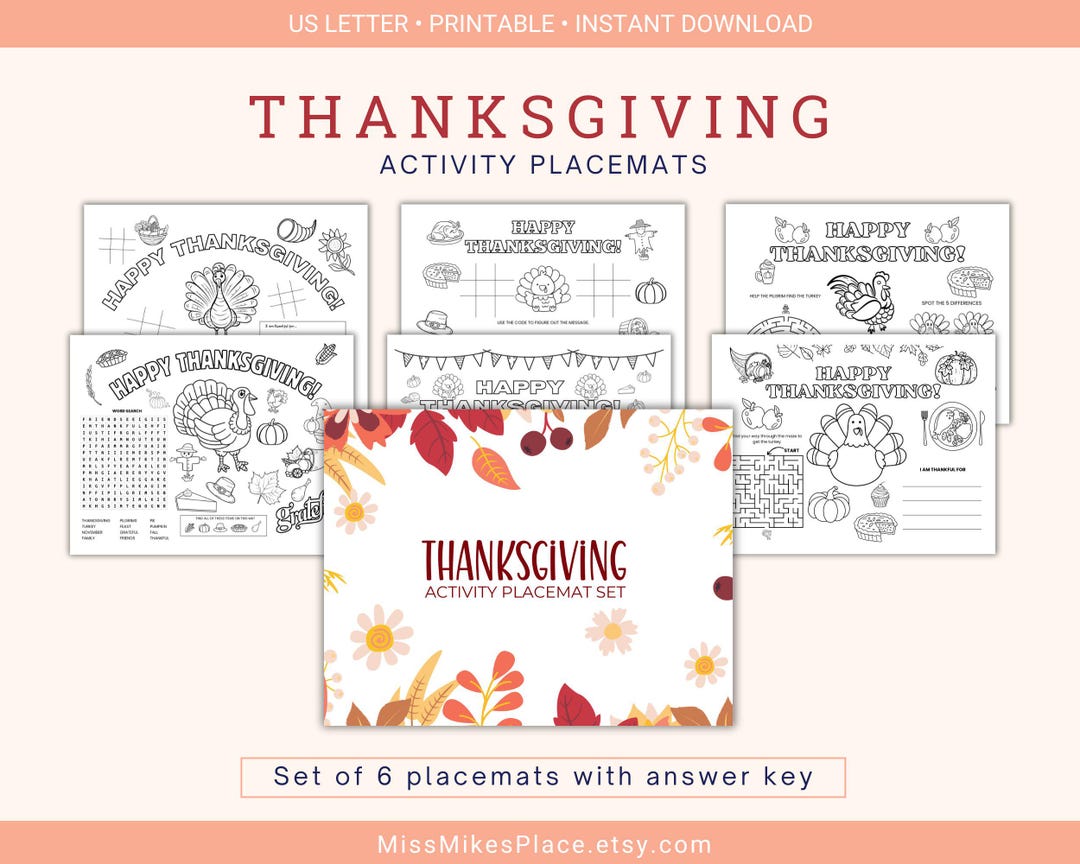 Kids Thanksgiving Coloring Activity Placemats, Set of 6 Printable ...
