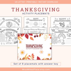 Kids Thanksgiving Coloring Activity Placemats, Set of 6 Printable ...