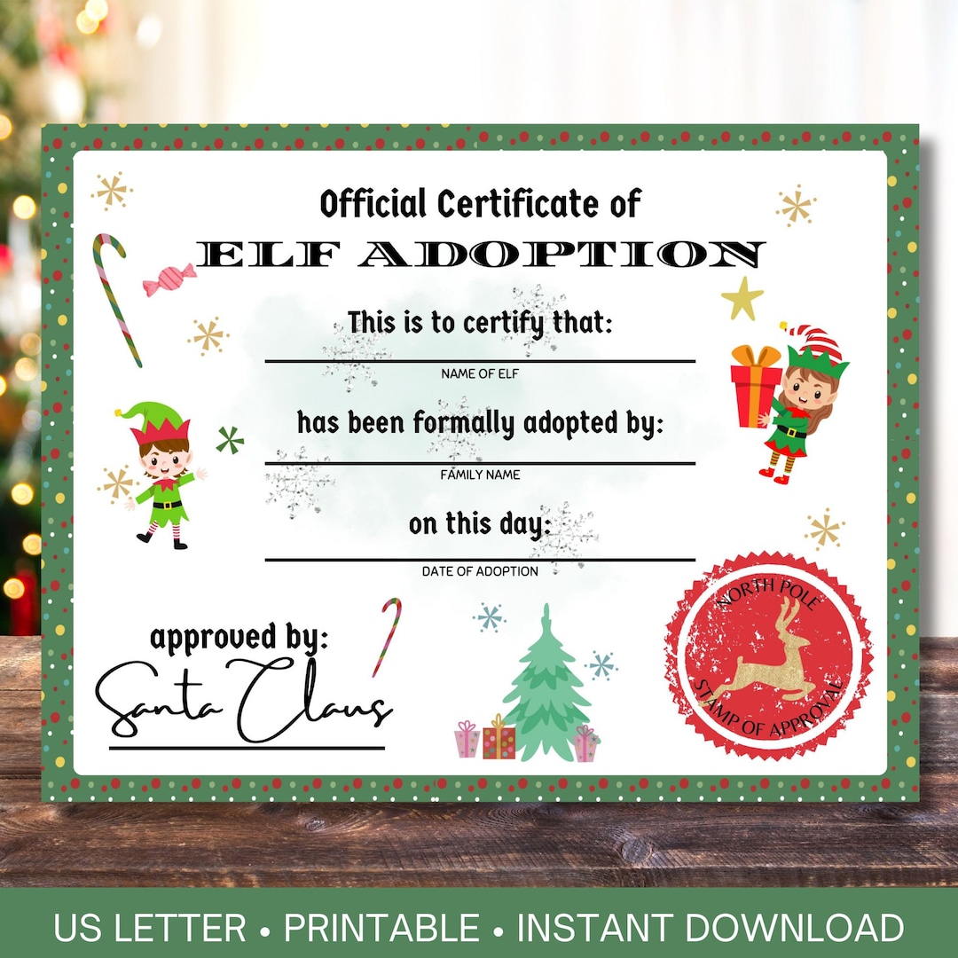Official Elf Adoption Certificate, Christmas Elf Adoption, Printable ...