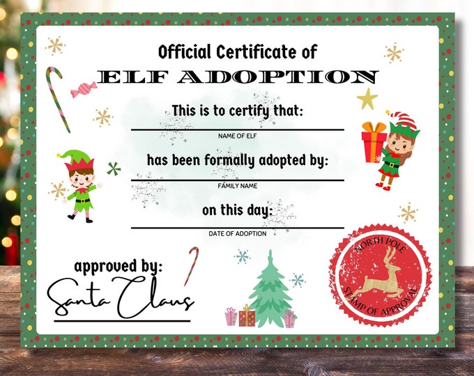 Elf Adoption Certificate, Elf Printable Adoption Certificate, Adopt an ...