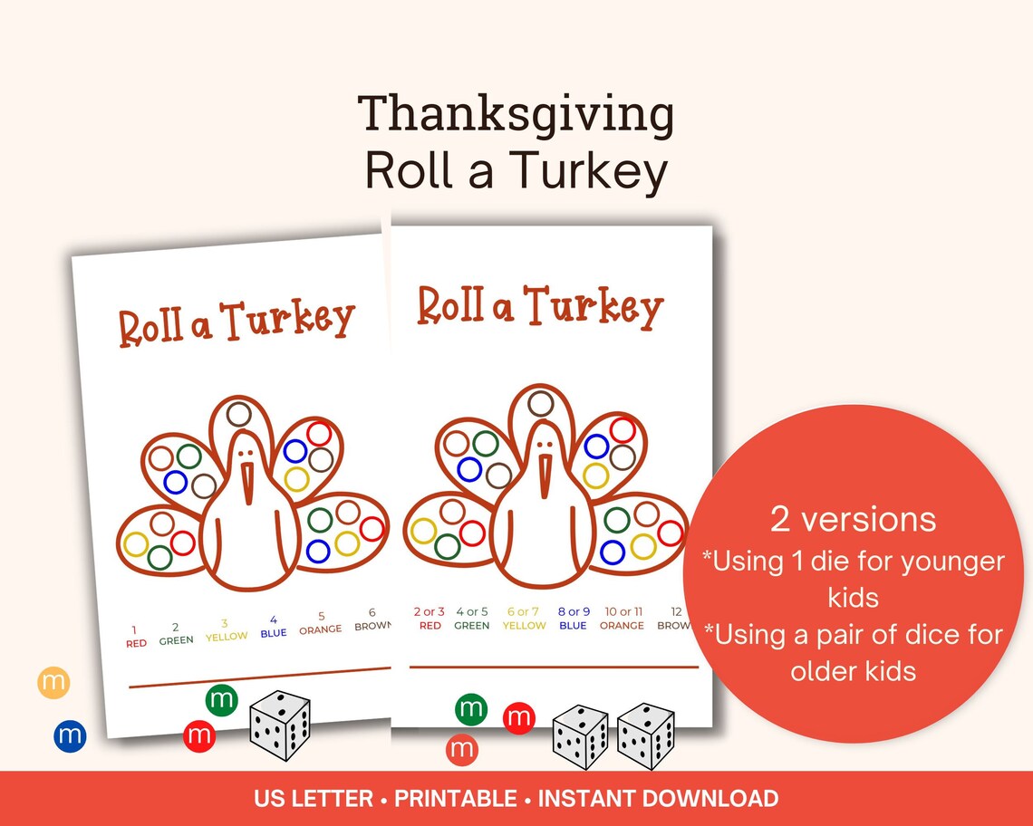 Roll-a-turkey Printable Game for Kids, Thanksgiving Printable Family ...