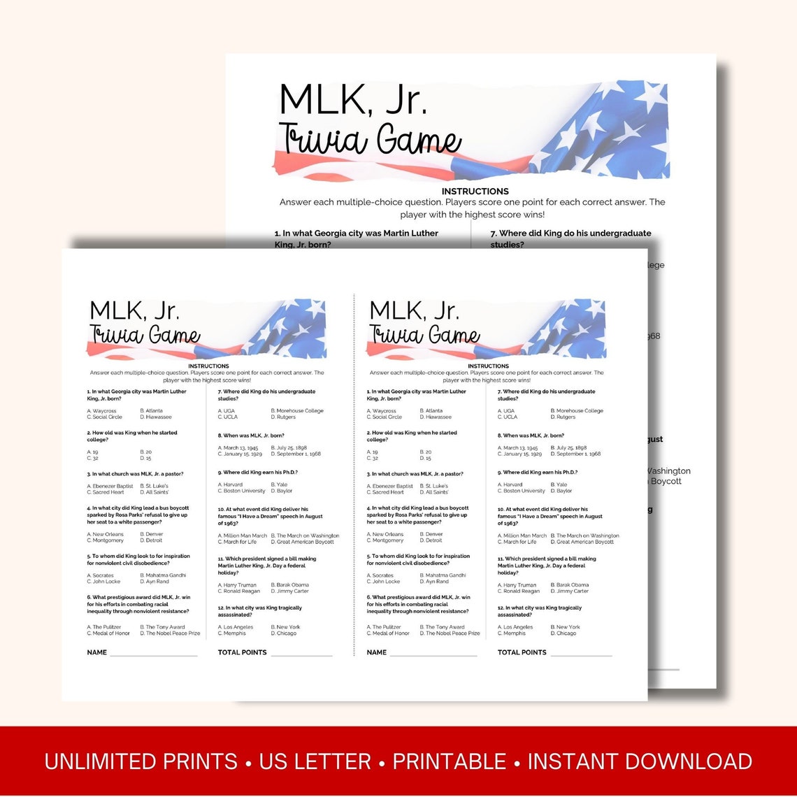 MLK Day Printable Trivia Game, Black History Month, Martin Luther King ...