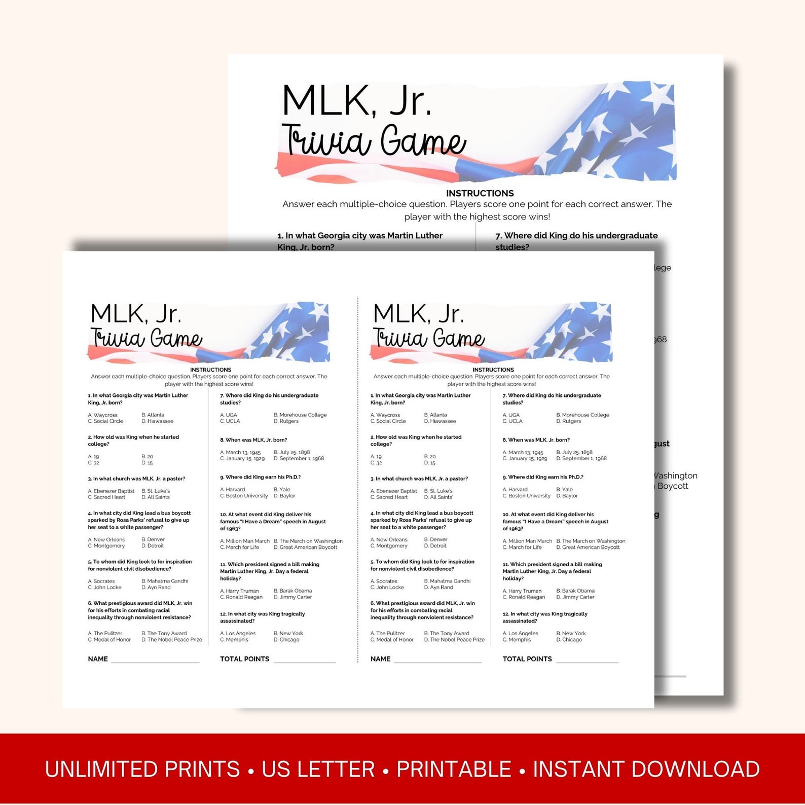 MLK Day Printable Trivia Game, Black History Month, Martin Luther King ...