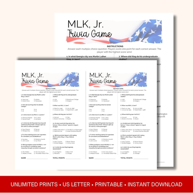 MLK Day Printable Trivia Game, Black History Month, Martin Luther King ...