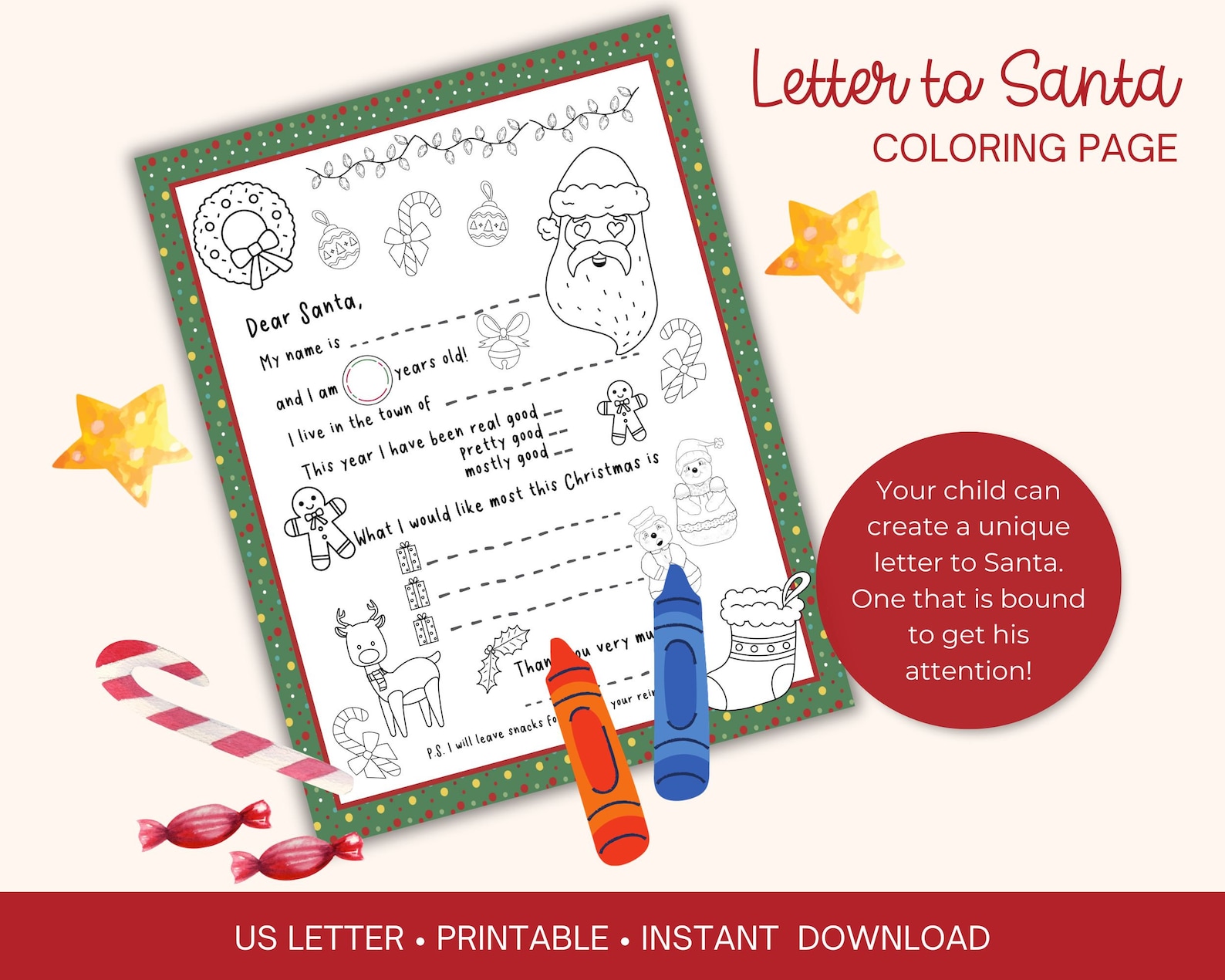 Letter to Santa Coloring Page, Dear Santa Wish List, Printable Santa ...