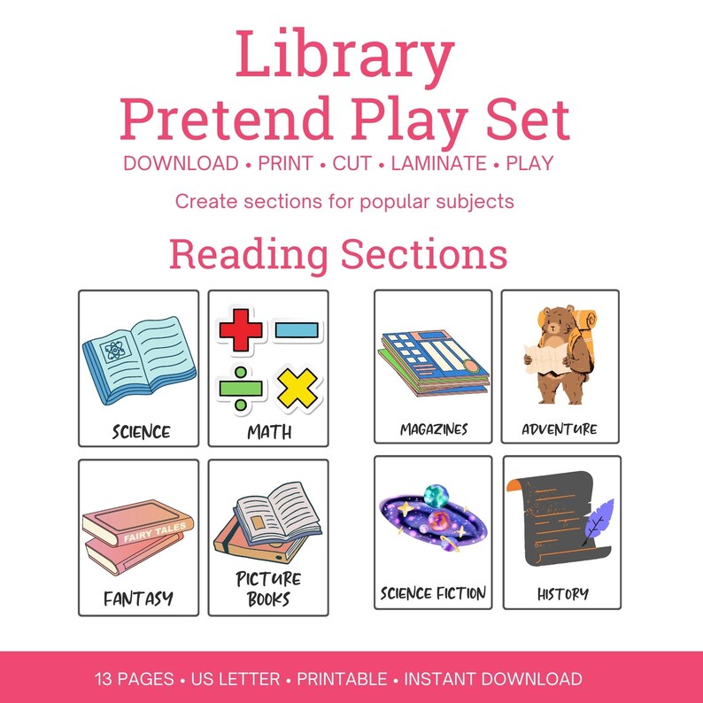 Library Printable Dramatic Play Kit for Kids, Creative Library Pretend ...