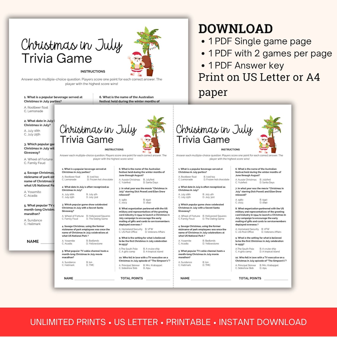Christmas in July Printable Trivia Game, Family Game, Summer Kids Game ...