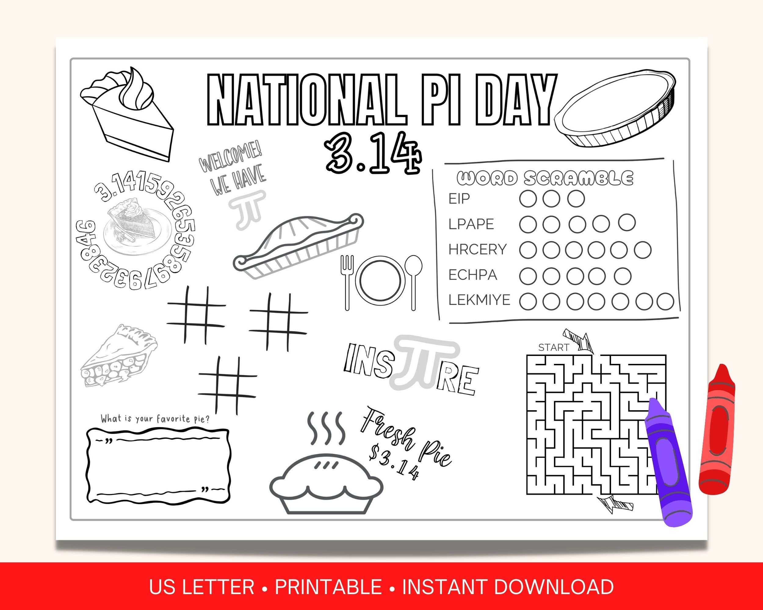 National Pi Day Printable Activity Placemat, Pi Day Party Coloring ...