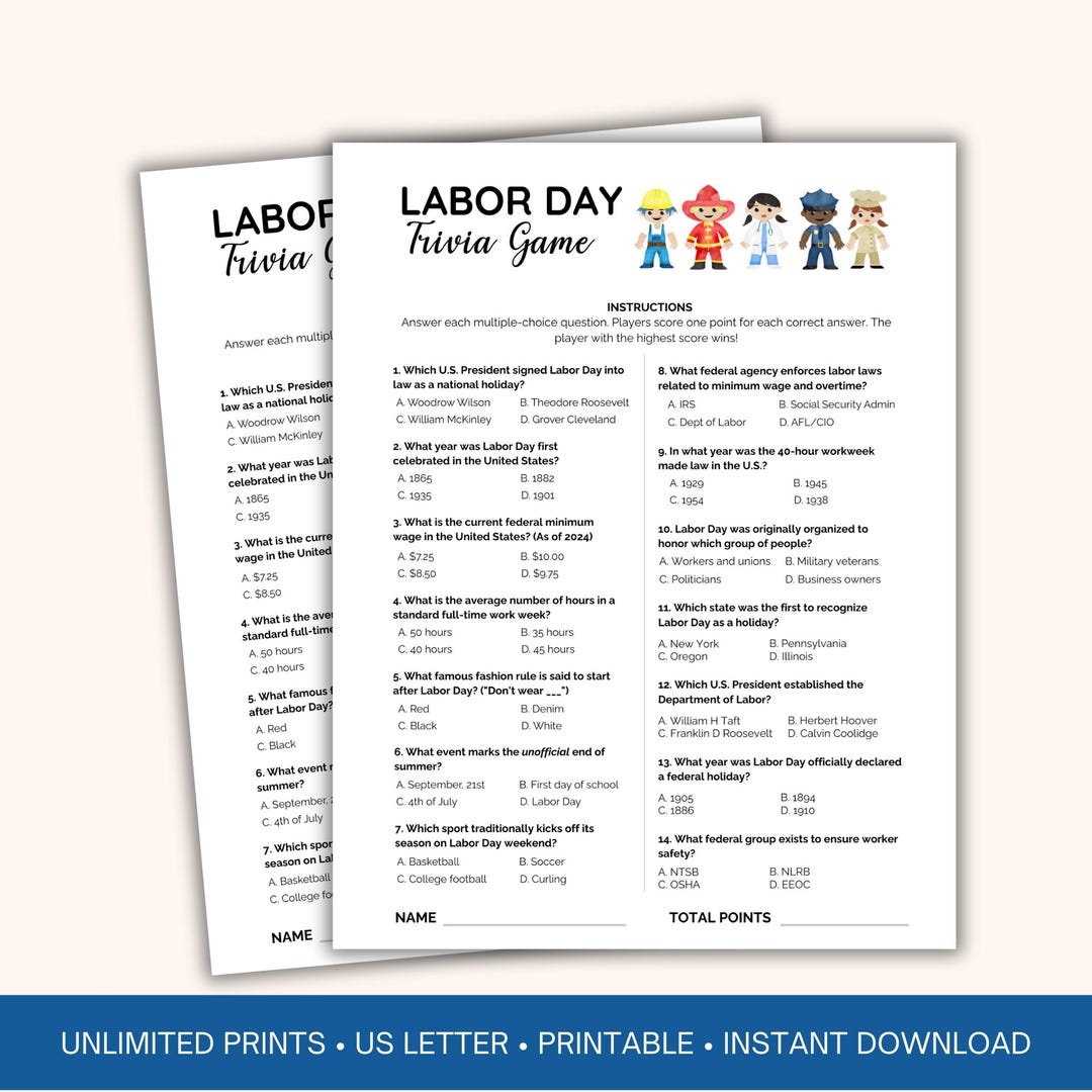 Labor Day Printable Trivia Game, Family Trivia Game, Summer Kids Game ...