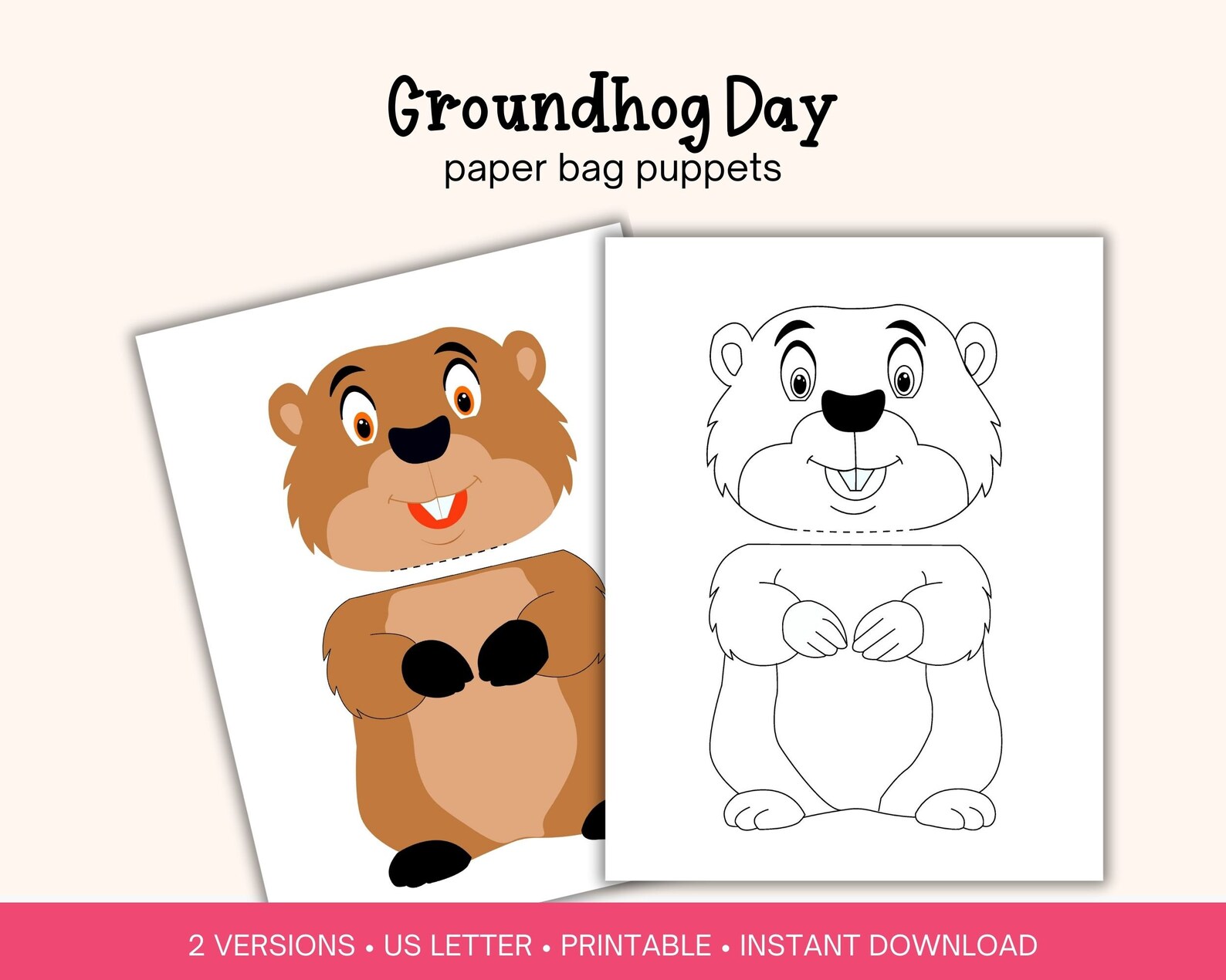 Groundhog Day Paper Bag Puppet, Printable Activity for Kindergarten ...
