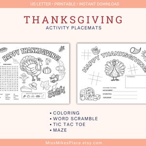 Kids Thanksgiving Coloring Activity Placemats, Set of 6 Printable ...
