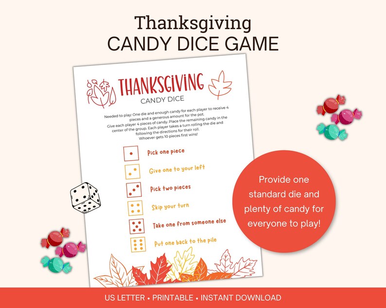 Thanksgiving Candy Dice Printable Game, Friendsgiving Printable Game ...