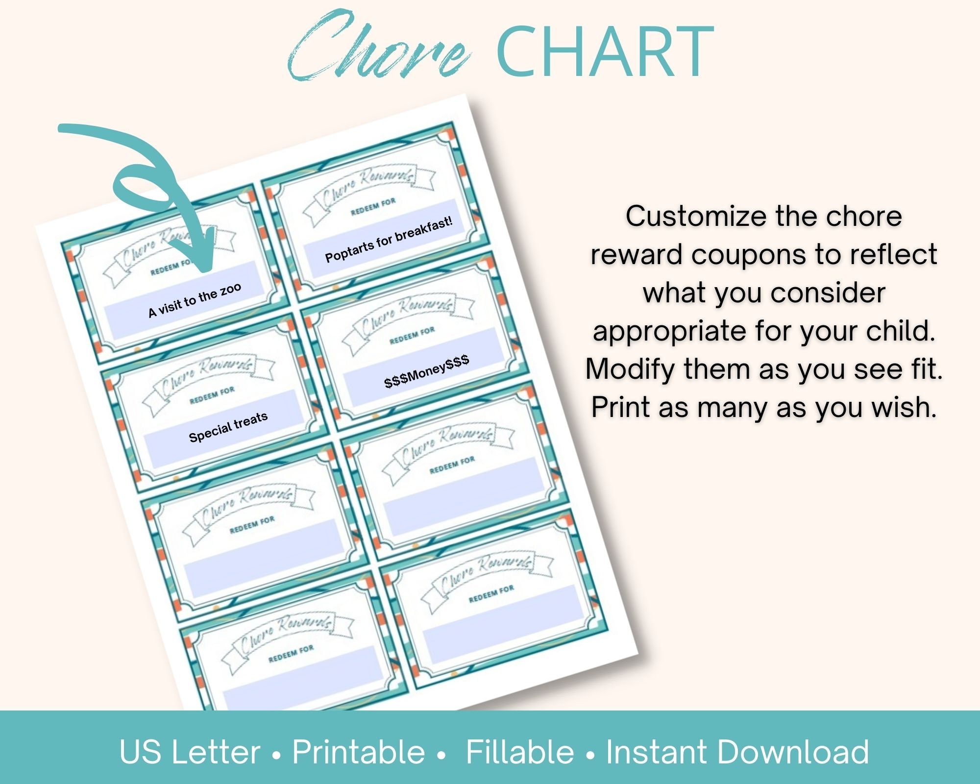 Chore Chart for Kids, Fillable and Printable Plus Bonus Reward Coupons ...