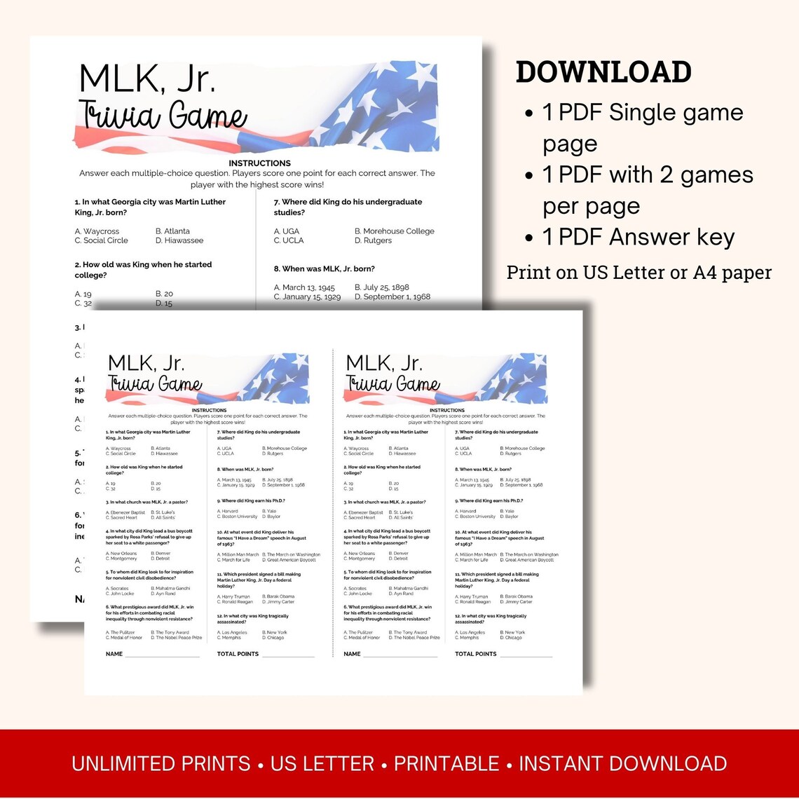 MLK Day Printable Trivia Game, Black History Month, Martin Luther King ...