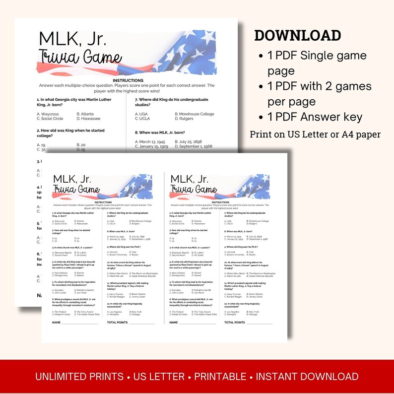 MLK Day Printable Trivia Game, Black History Month, Martin Luther King ...