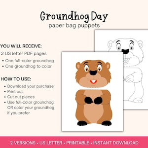 Groundhog Day Paper Bag Puppet, Printable Activity for Kindergarten ...