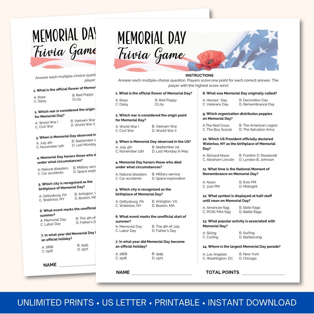 Memorial Day Printable Trivia Game, Patriotic Game for Kids and Adults ...