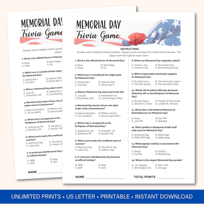 Memorial Day Printable Trivia Game, Patriotic Game for Kids and Adults ...