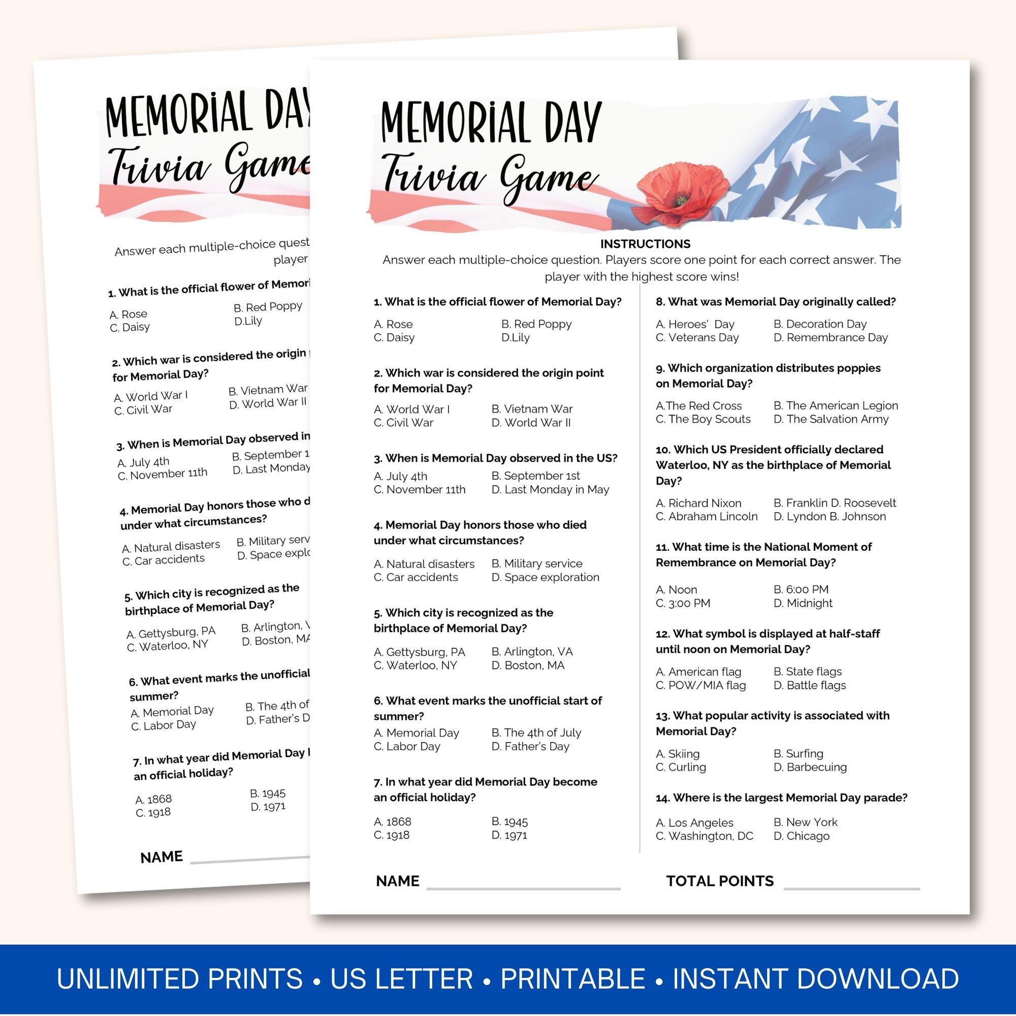 Memorial Day Printable Trivia Game, Patriotic Game for Kids and Adults ...