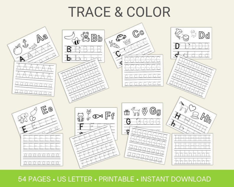 Trace and Color Printable Alphabet Workbook, Tracing Practice Sheets ...