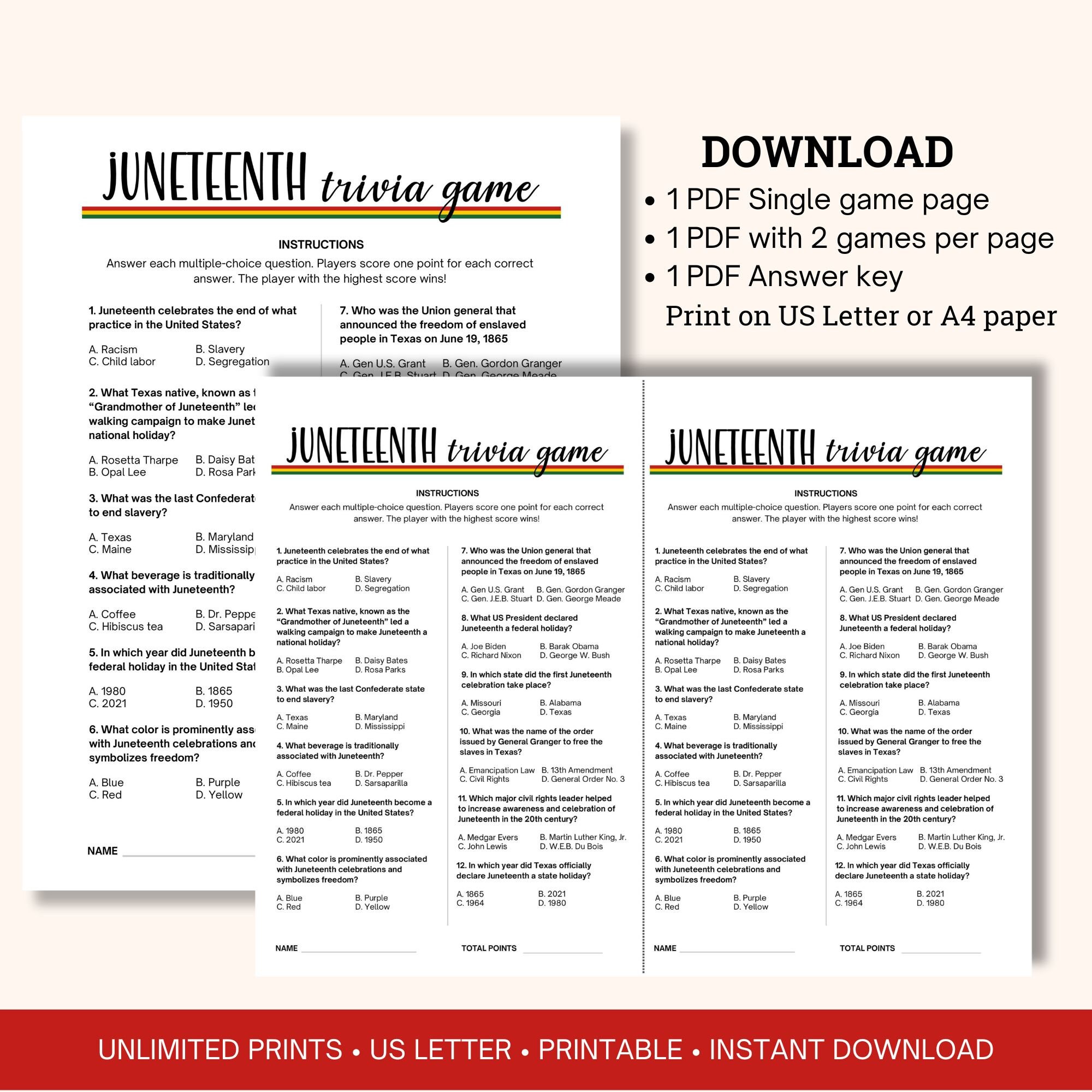 Juneteenth Trivia Game, Black History Quiz (printable) - Etsy
