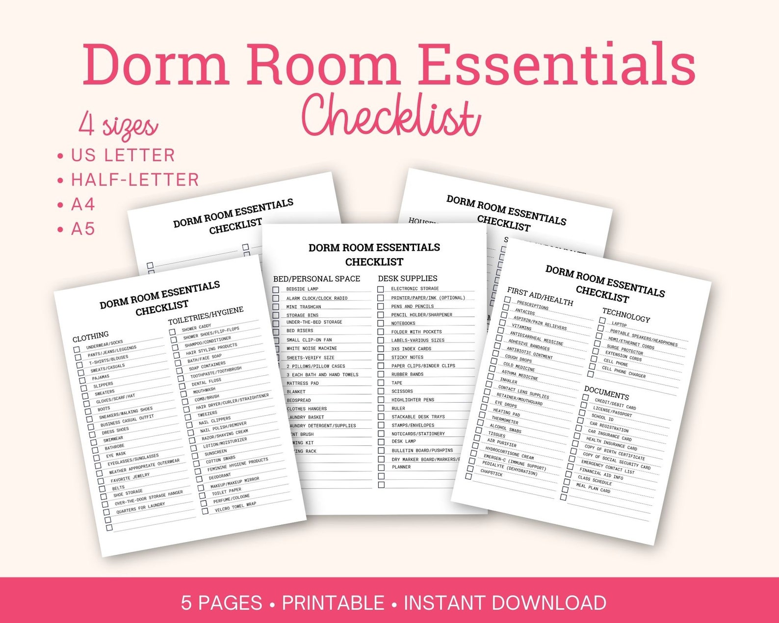 Dorm Room Checklist, College Packing List (printable Download) - Etsy