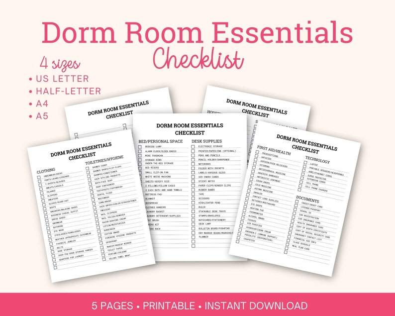 Dorm Room Essentials Checklist Printable, College Packing List, Back to ...