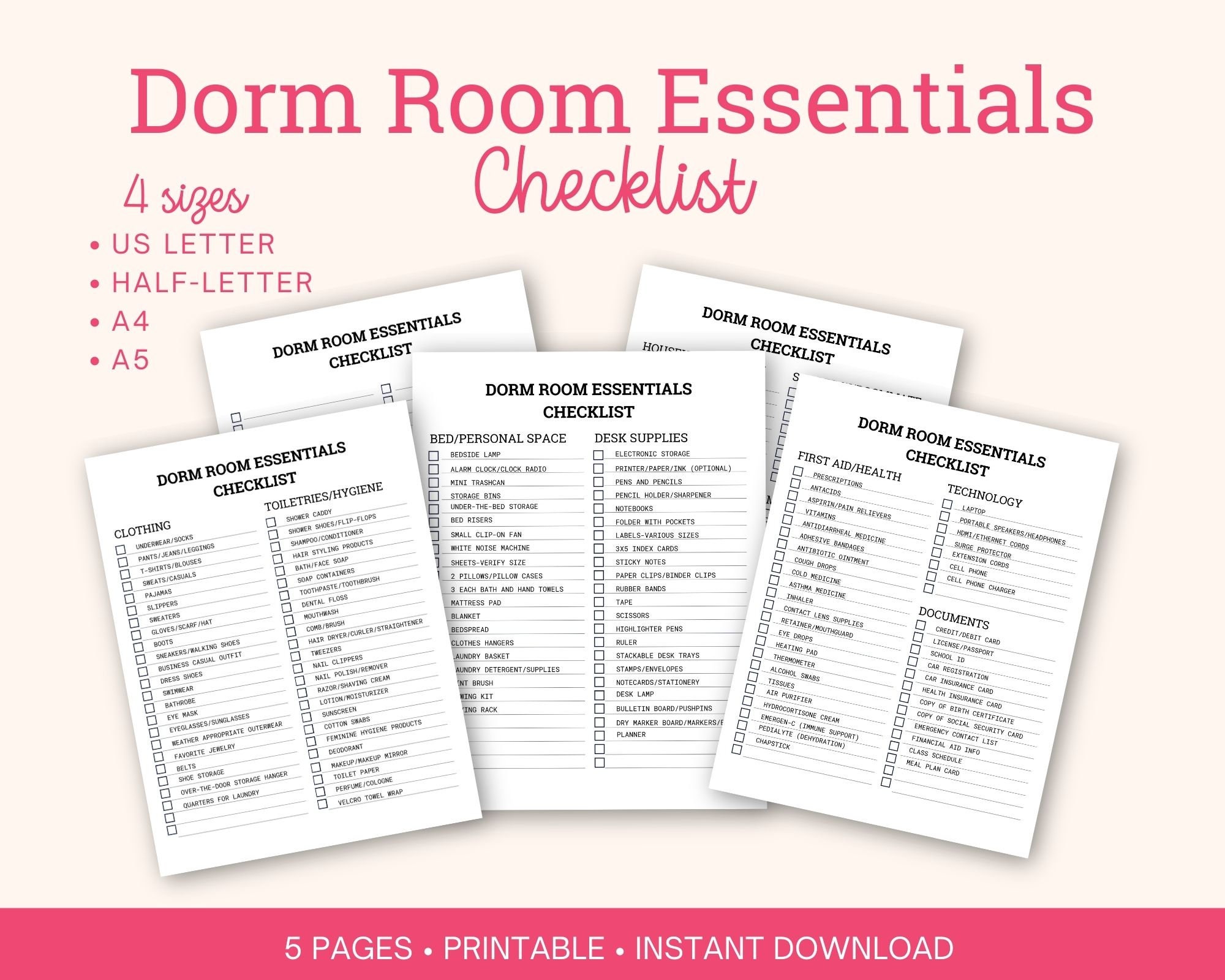 Dorm Room Essentials Checklist Printable, College Packing List, Back to ...