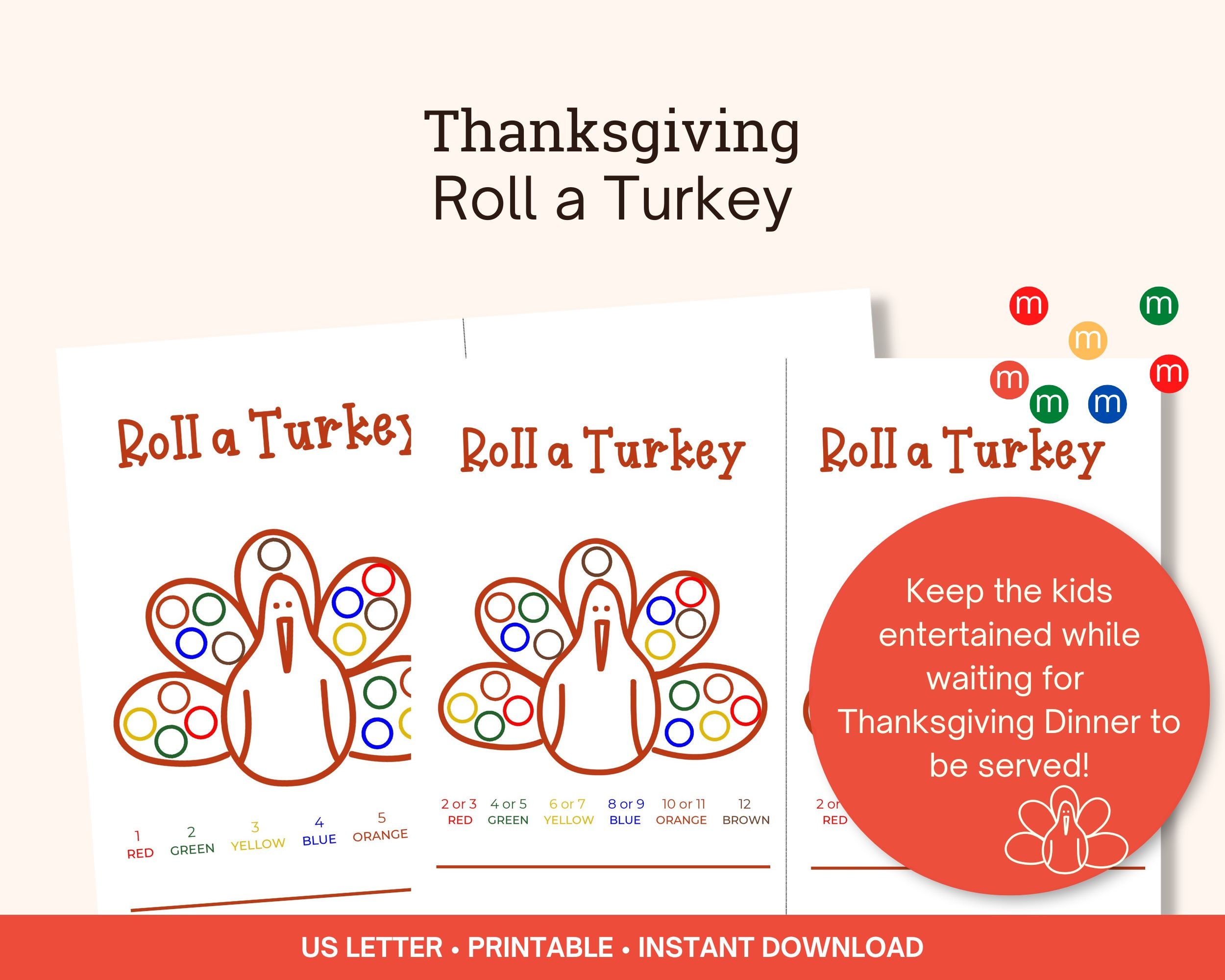 Roll-a-turkey Printable Game for Kids, Thanksgiving Printable Family ...