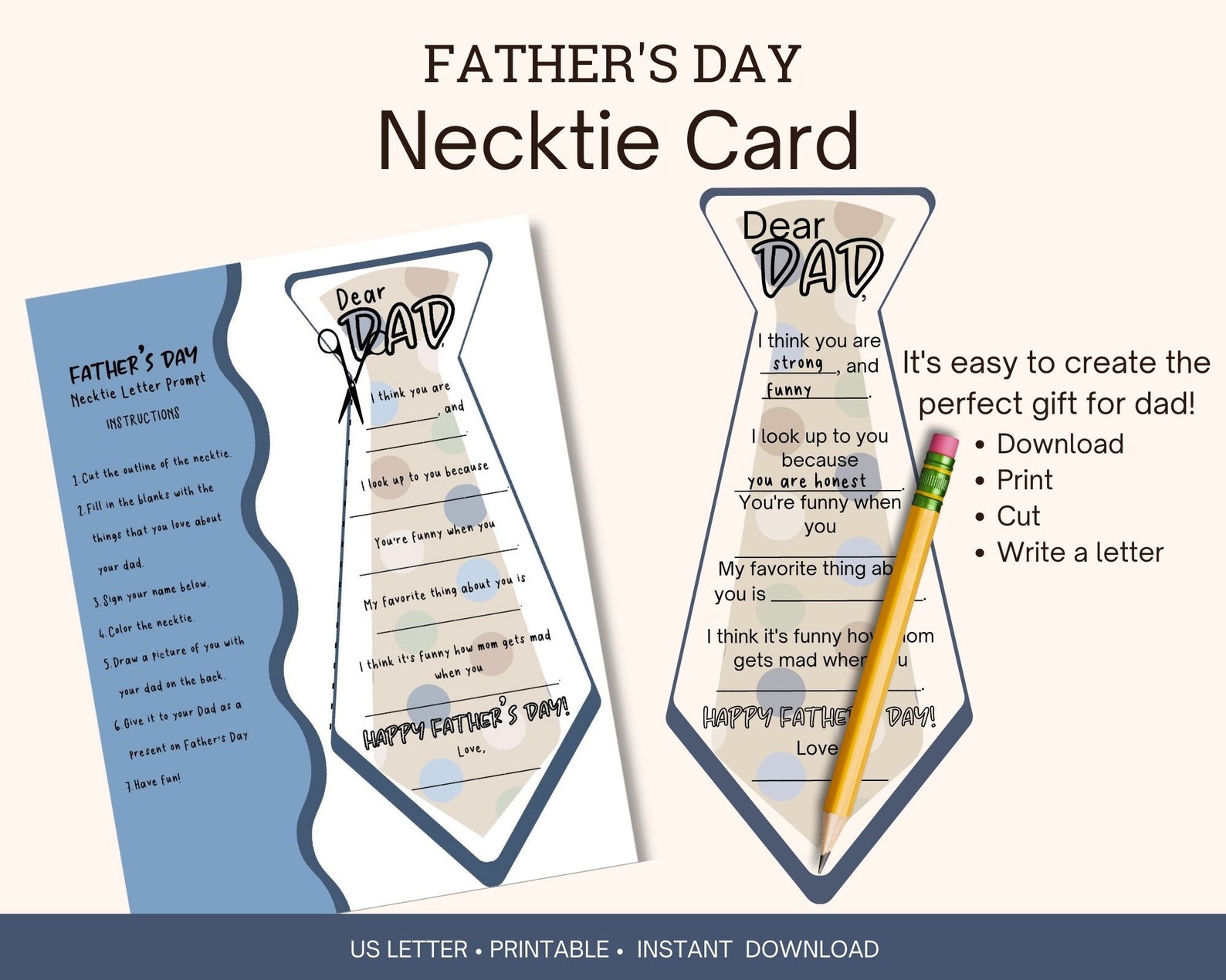 Father's Day Printable Card, Necktie Letter Template From Kids, Craft ...