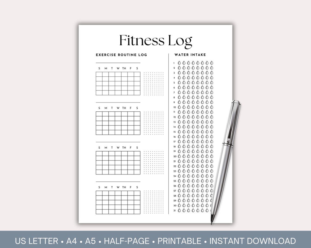 Fitness Log Printable Exercise Tracker, Workout Log and Hydration ...