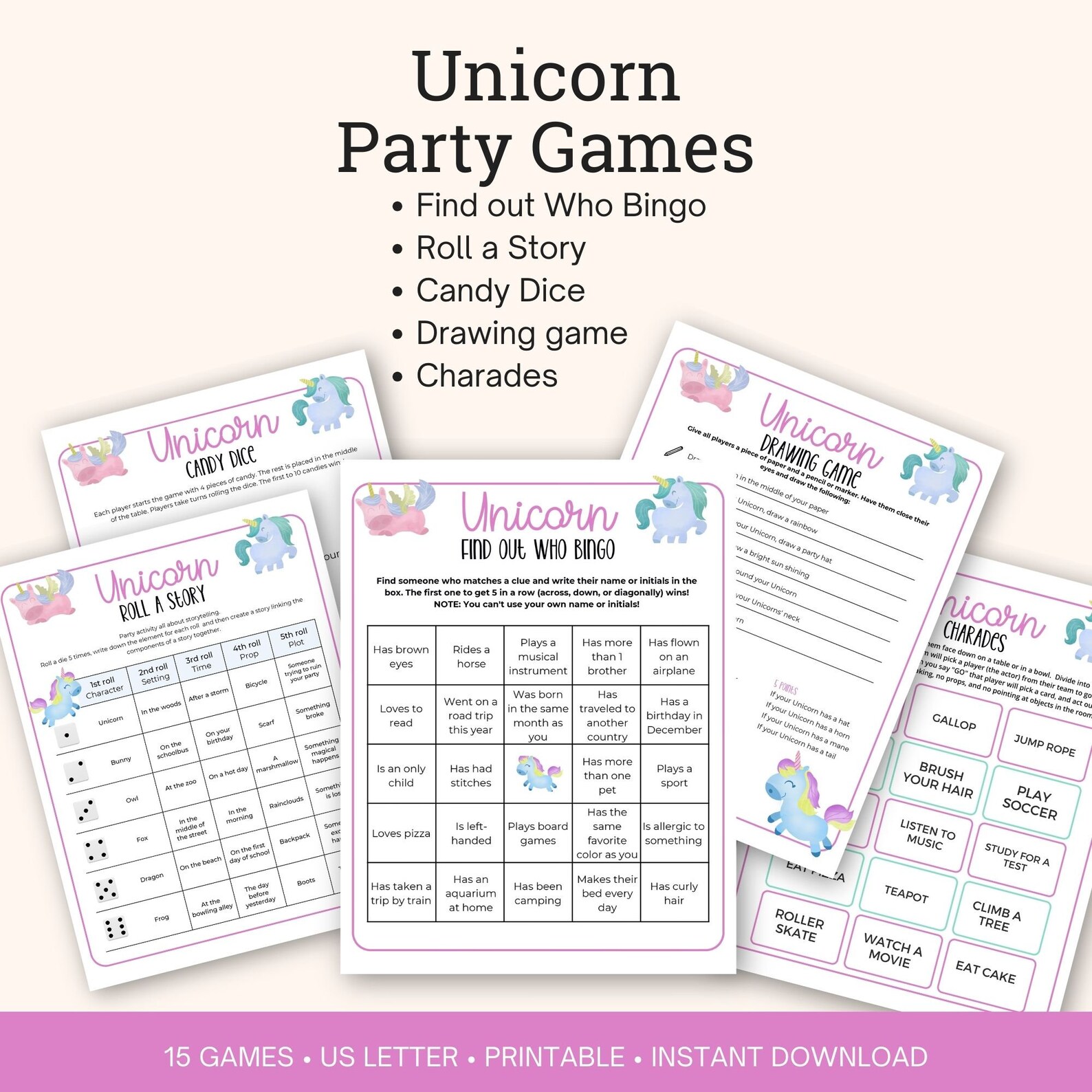 Unicorn Party Games Printable Bundle, Unicorn Activities, Unicorn ...