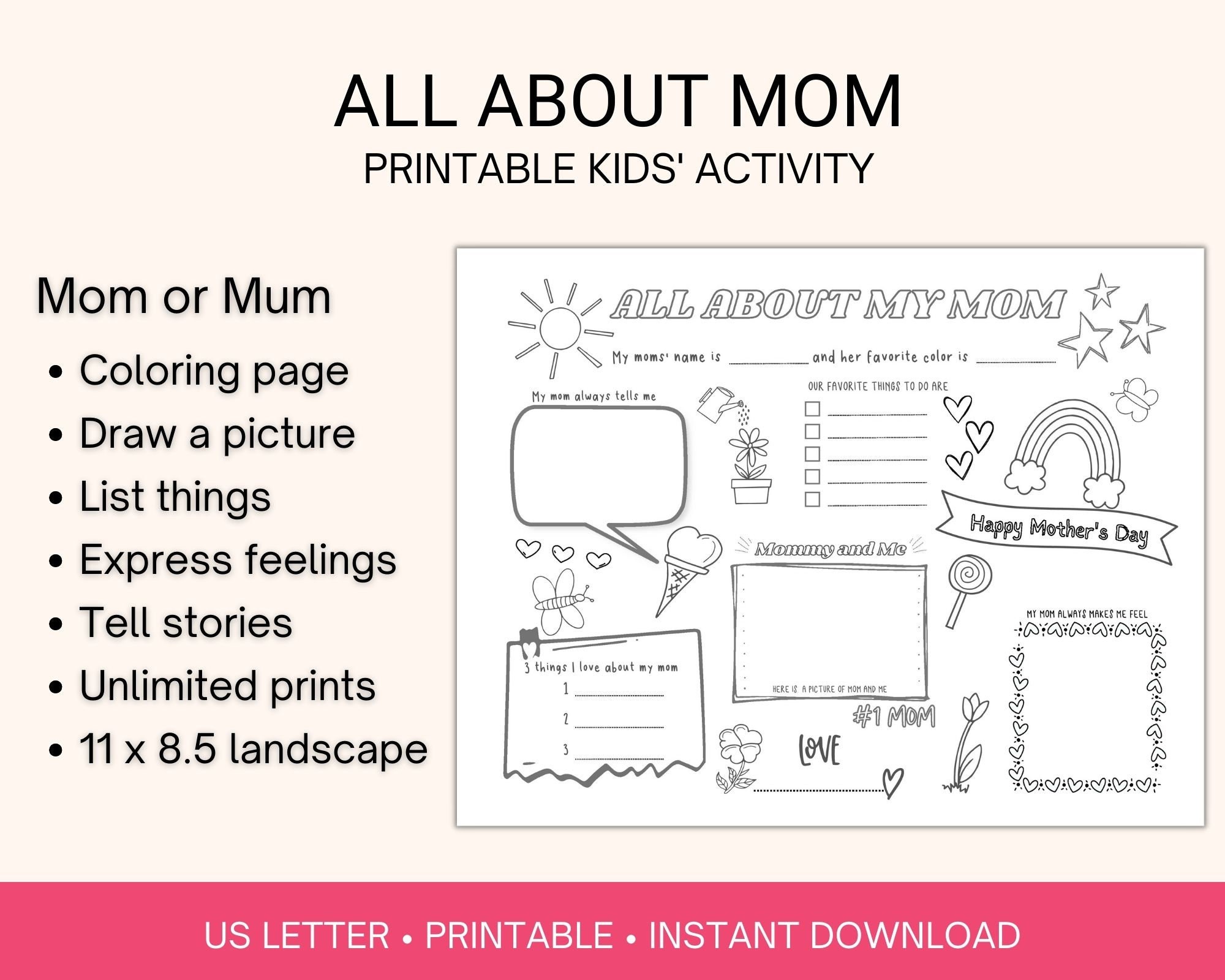 Mother's Day "all About Mom" Printable Coloring Card for Kids, Also in ...